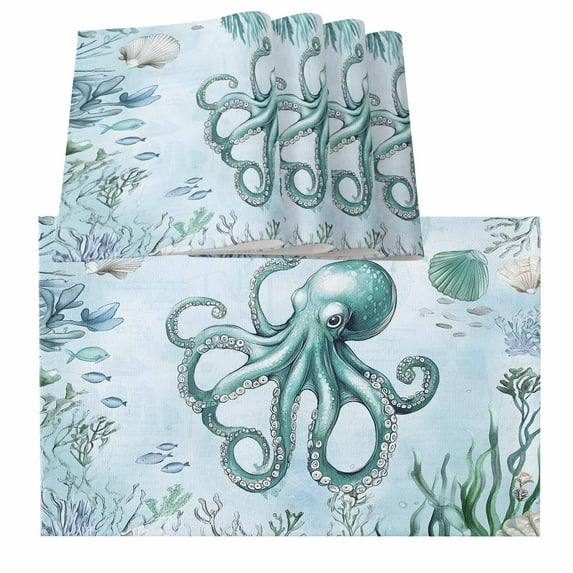 Coastal Octopus Placemats for Dinning Table Set of 6, Cyan Nautical ...