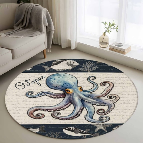 Coastal Octopus Round Area Rug 4 FT, Non Slip Indoor Outdoor Rug ...