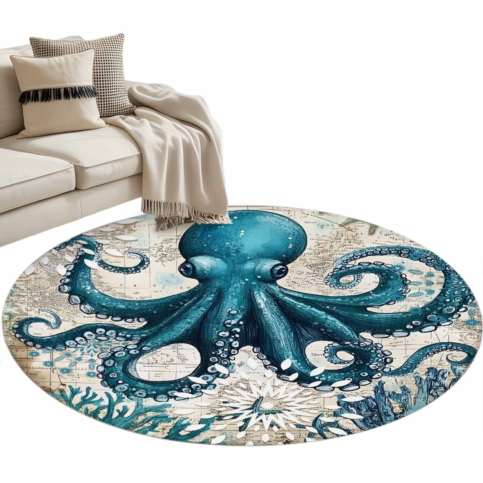 Coastal Octopus Round Area Rug 4ft, Vintage Beach Teal Coral Nautical ...