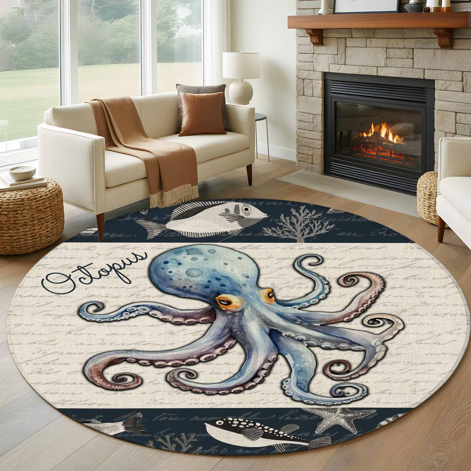 Coastal Octopus Round Area Rug 5 FT, Non Slip Bedroom Rugs, Nautical ...