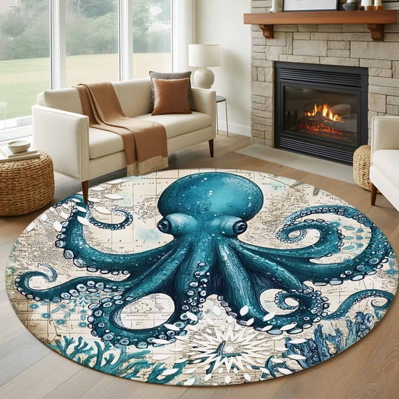 Coastal Octopus Round Area Rug 5 FT, Non Slip Bedroom Rugs, Vintage ...