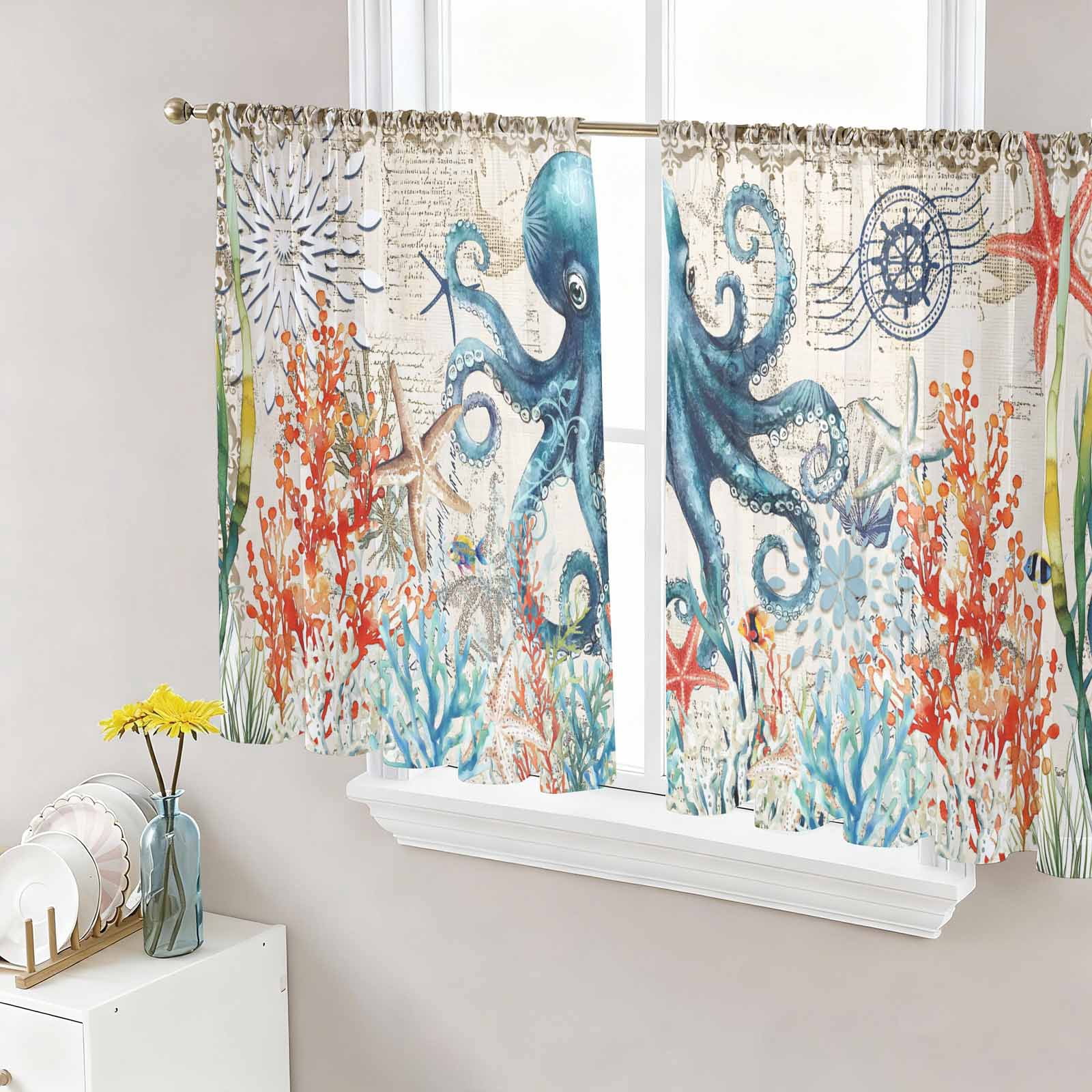 Coastal Octopus Semi Sheer Curtains 45 Inch Length 2 Panels Set, Summer ...