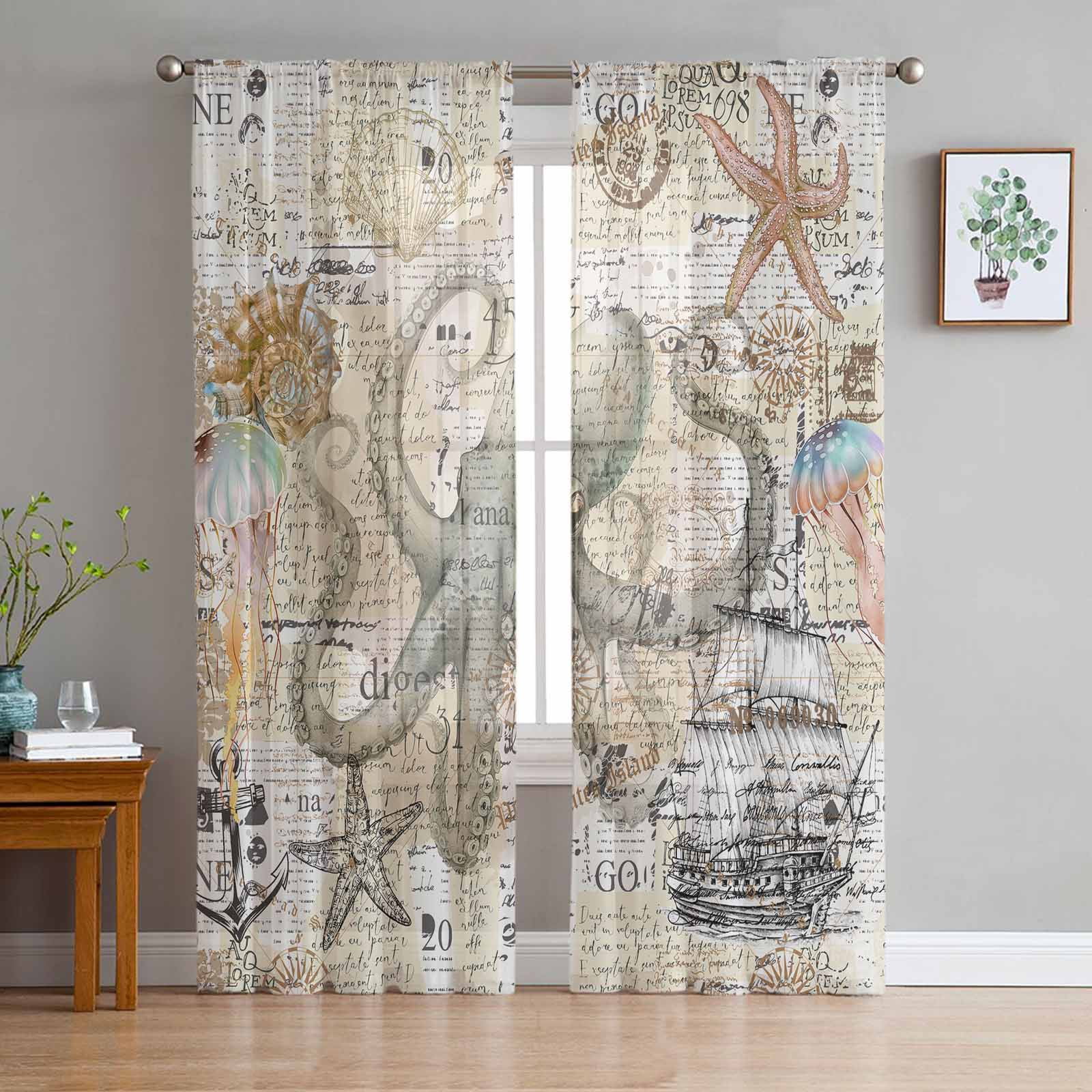 Coastal Octopus Semi Sheer Curtains 72 Inch Length 2 Panels Set ...