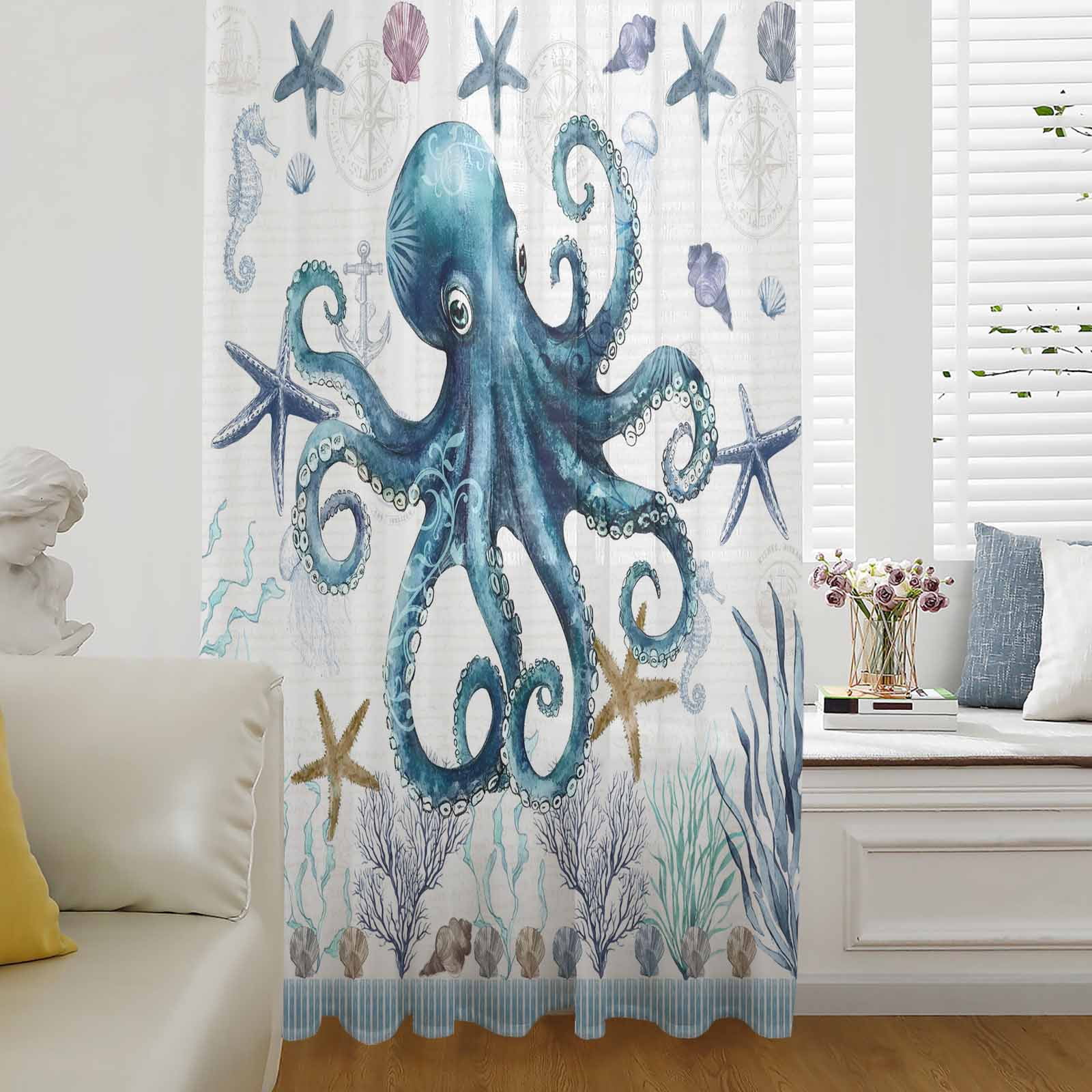 Coastal Octopus Semi Sheer Curtains Drapes for Living Room,Bedroom ...