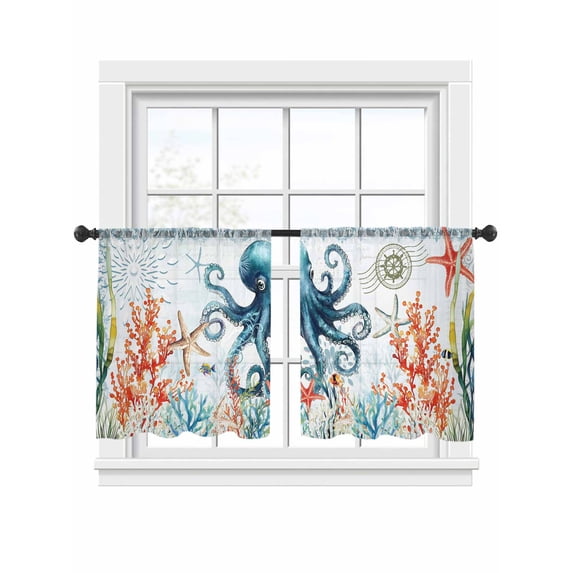 Coastal Octopus Sheer Curtains 2 Panels Set Ocean Coral Seaweed Sheer ...