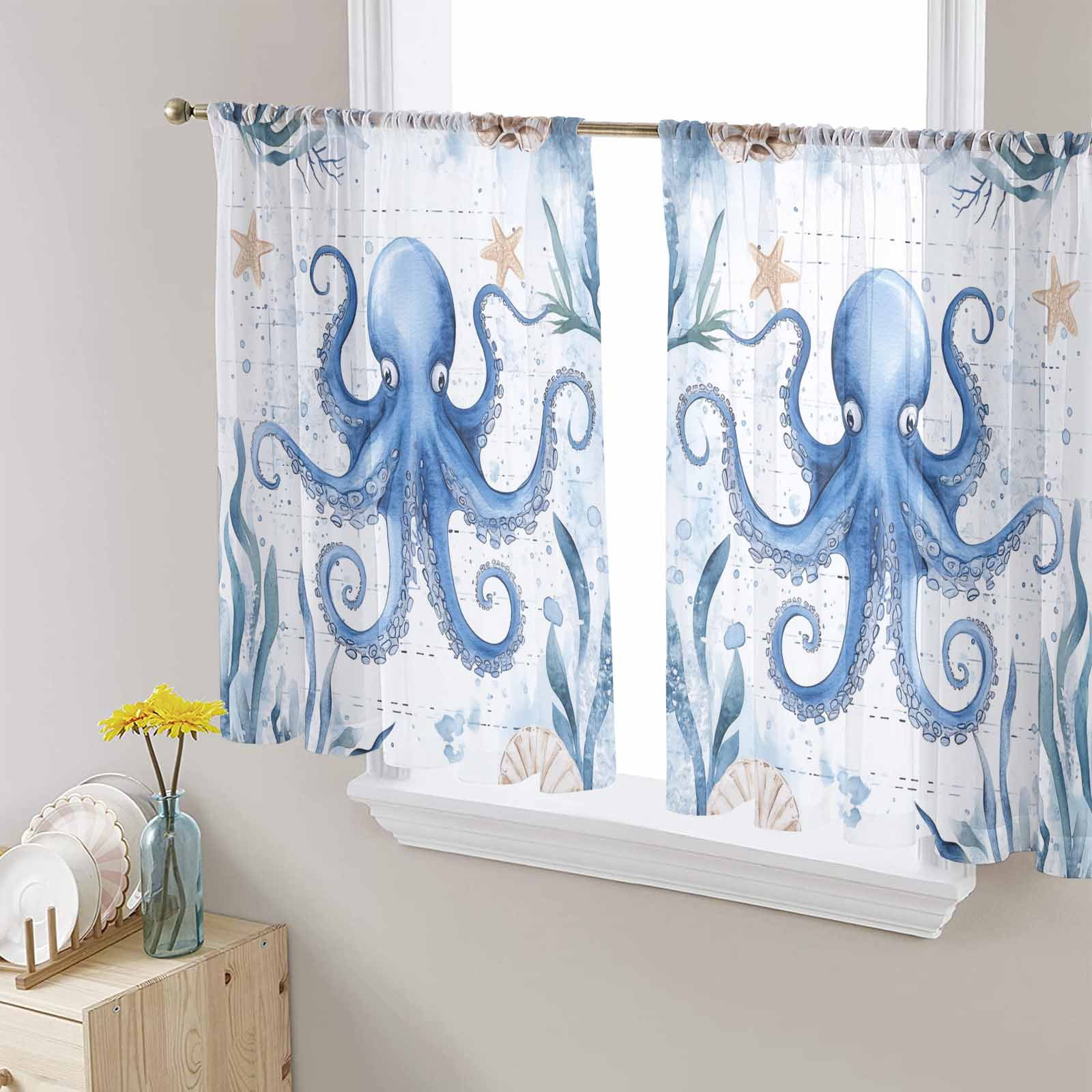 Coastal Octopus Sheer Curtains 45 Inch Length 2 Panels Set for Living ...