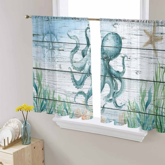 Coastal Octopus Sheer Curtains 54 Inches Length 2 Panels Set, Window ...