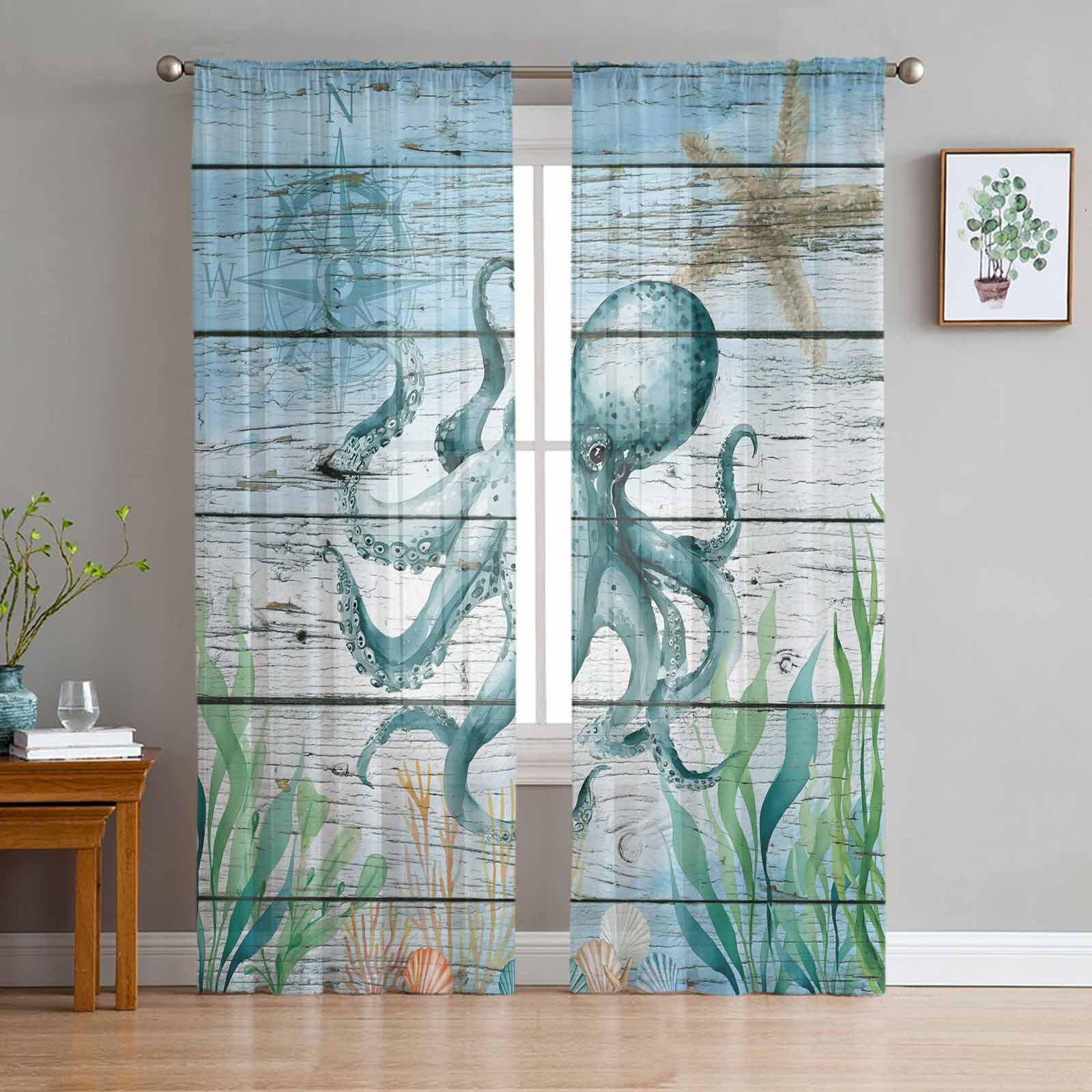 Coastal Octopus Sheer Curtains 63 Inches Length 2 Panels Set, Window ...