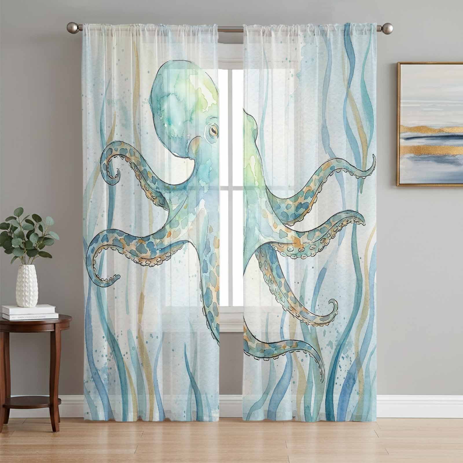 Coastal Octopus Sheer Curtains for Living Room Bedroom Nautical Seaweed ...