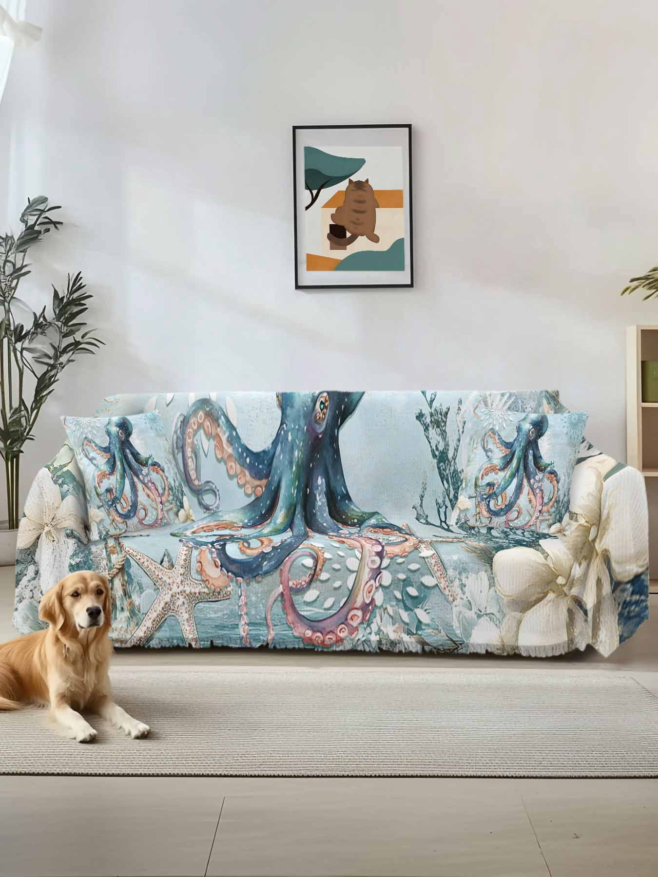 Coastal Octopus Sofa Covers for 2-3 Cushion Couch L-Shaped Sectional ...