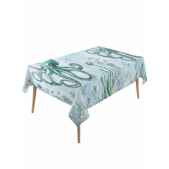 Coastal Octopus Table Cloth, Cyan Nautical Fish Shells Seaweeds ...