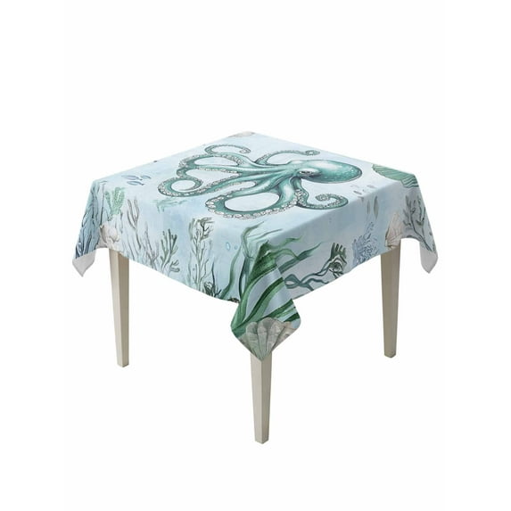 Coastal Octopus Table Cloth, Cyan Nautical Fish Shells Seaweeds ...