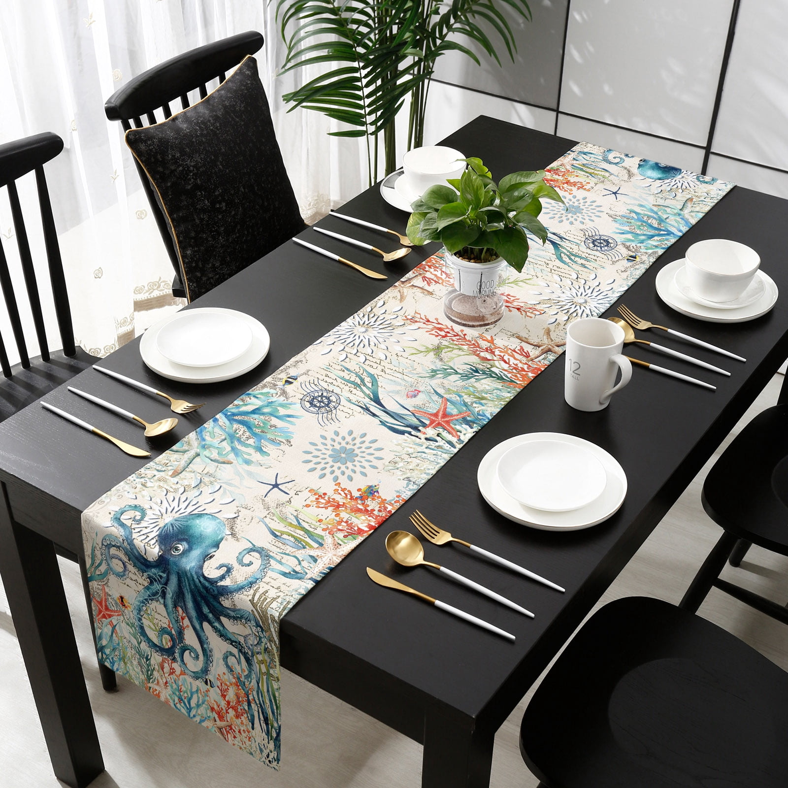 Coastal Octopus Table Runner 70 Inches Long - Summer Vintage Nautical ...