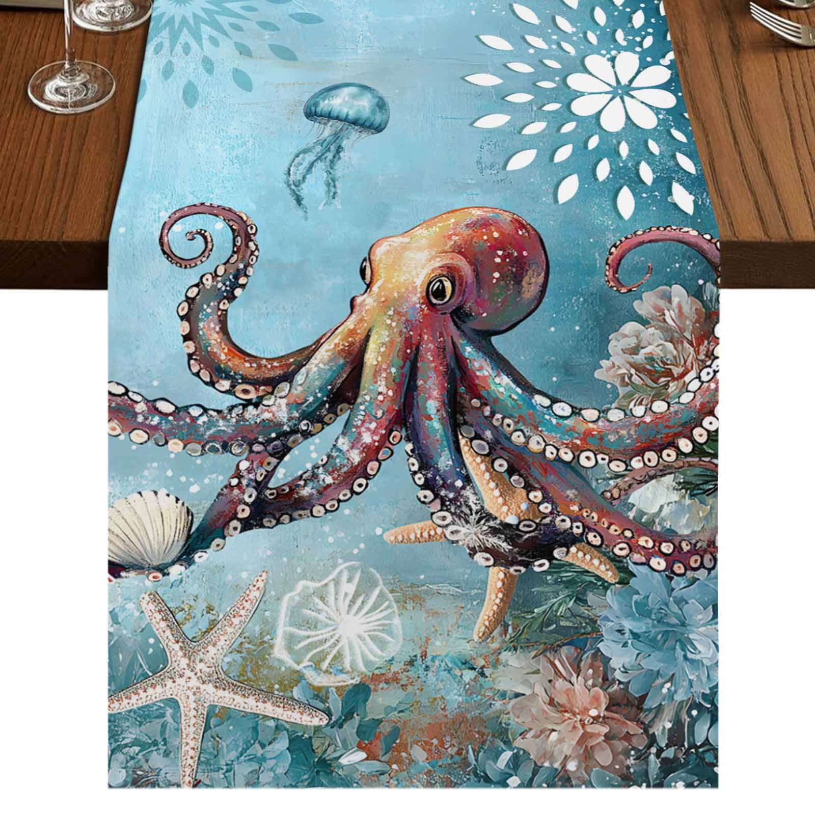 Coastal Octopus Table Runner 72 Inches Long,Vintage Teal Nautical Beach ...