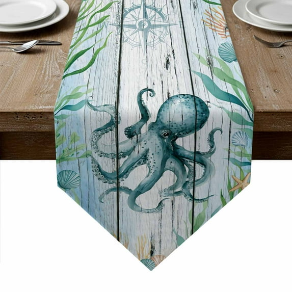 Coastal Octopus Table Runner Linen Burlap Table Runner 72 Inches Long ...