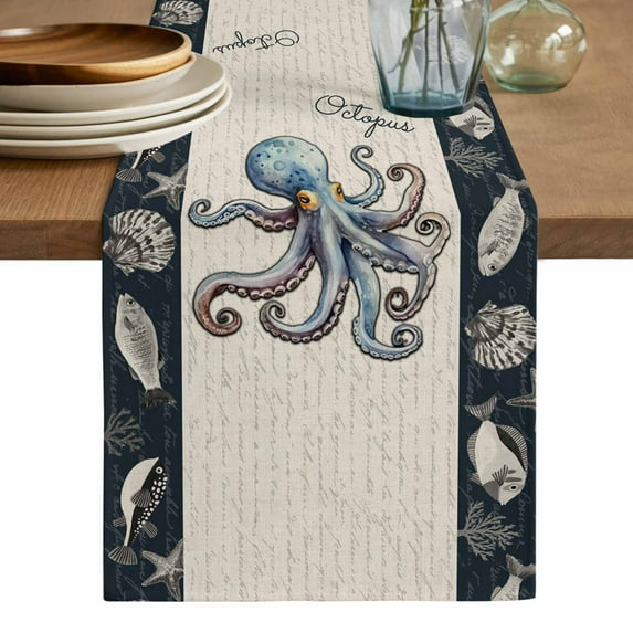 Coastal Octopus Table Runner, Nautical Ocean Beach Fish Starfish ...