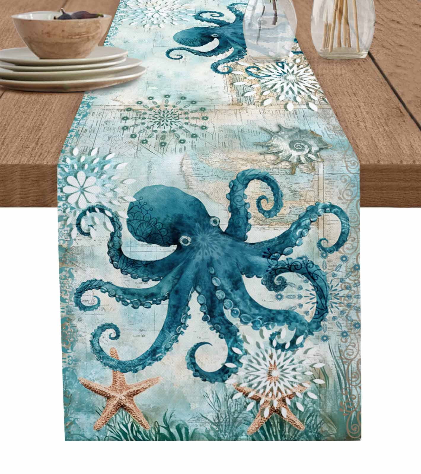 Coastal Octopus Table Runner Teal Nautical Beach Starfish Vintage ...