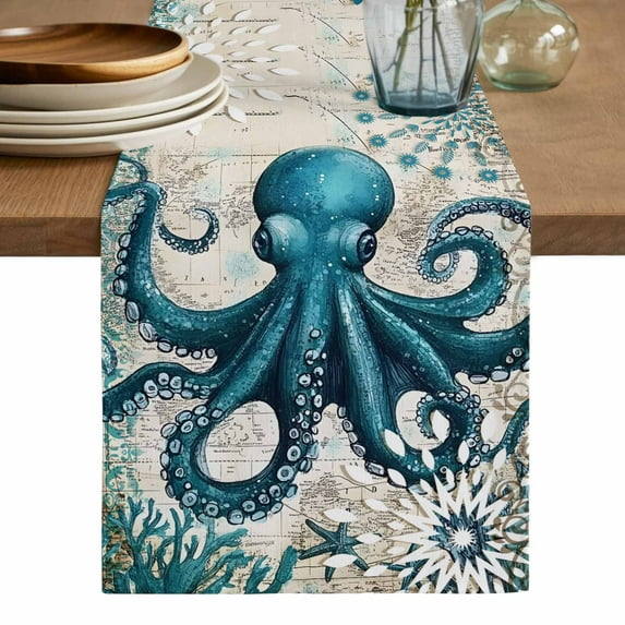 Coastal Octopus Table Runner, Vintage Beach Teal Coral Nautical ...