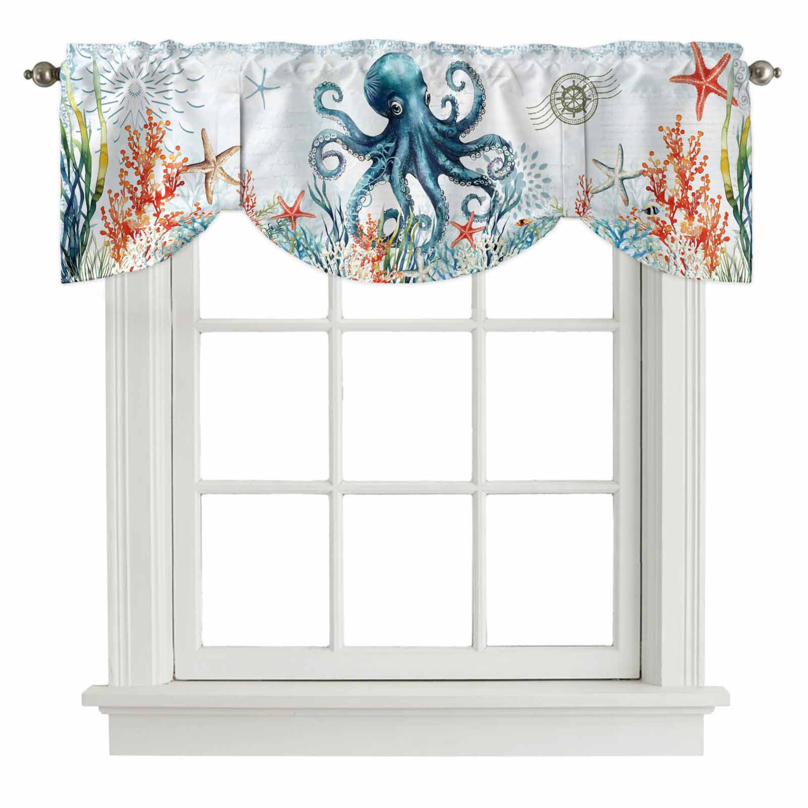 Coastal Octopus Tie Up Valance Curtains Ocean Coral Seaweed Adjustable ...