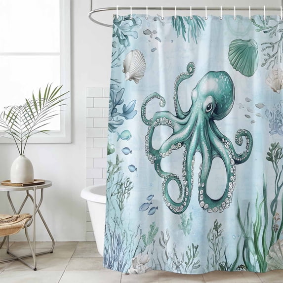 Coastal Octopus Waterproof Fabric Shower Curtain,Cyan Nautical Fish ...