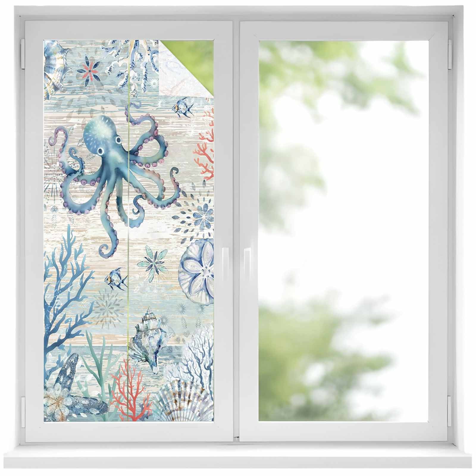 Coastal Octopus Window Privacy Film, Farmhouse Nautical Ocean Conch ...