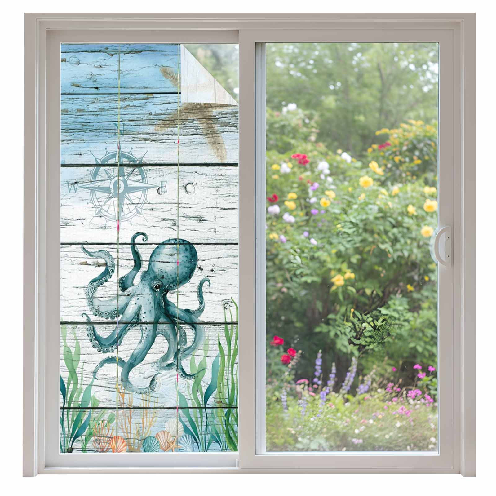 Coastal Octopus Window Privacy Film, Nautical Starfish Seaweed Coral ...