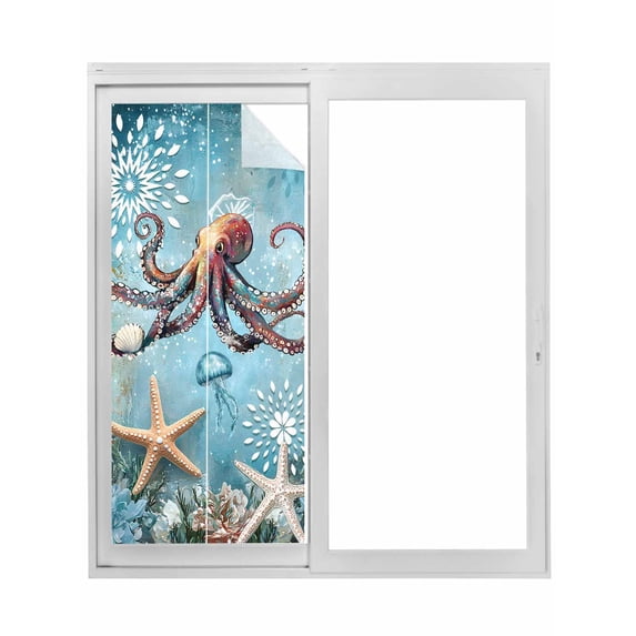 Coastal Octopus Window Privacy Film, Vintage Teal Nautical Beach ...