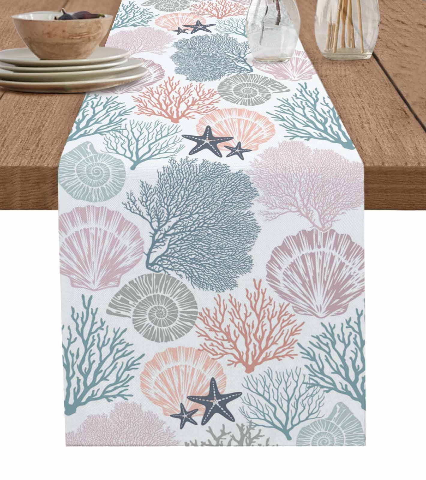 Coastal Orange Coral Short Table Runners 36 Inches, Cotton Linen Fabric ...