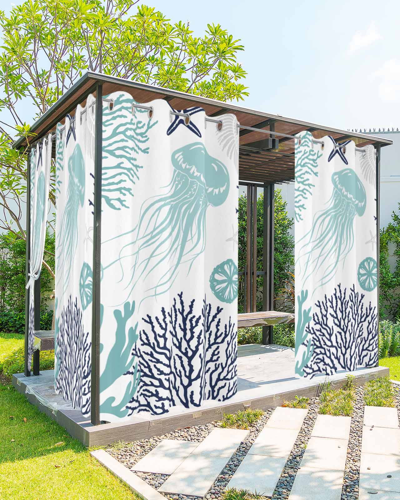 Coastal Outdoor Curtains for Patio Waterproof,Coral Jellyfish Starfish ...