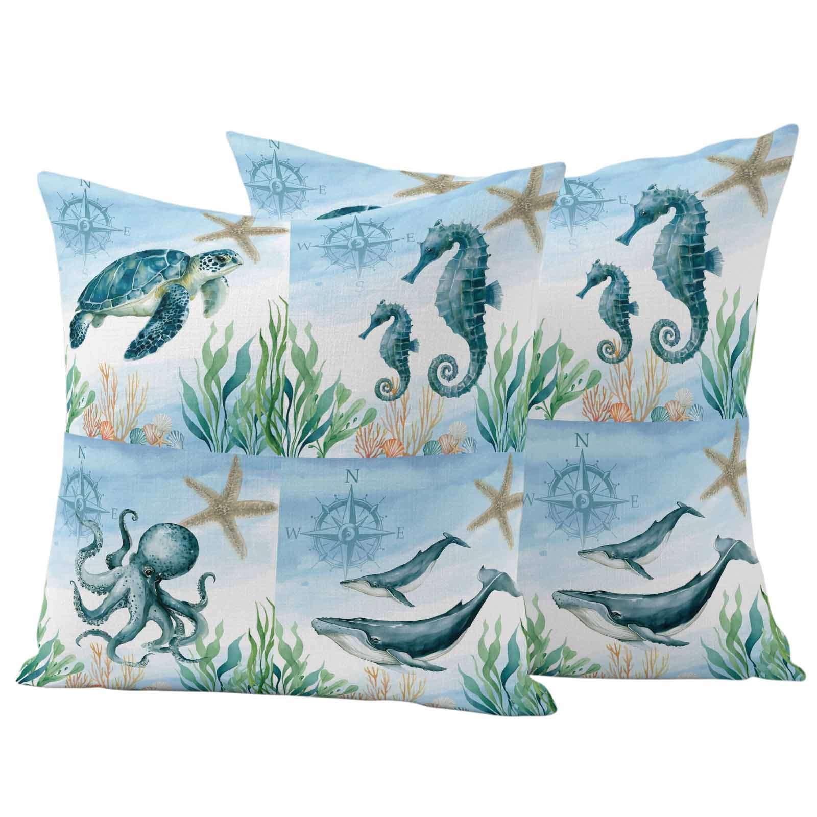 Coastal Outdoor Waterproof Pillow Covers, Ocean Turtle Seahorse Octopus ...