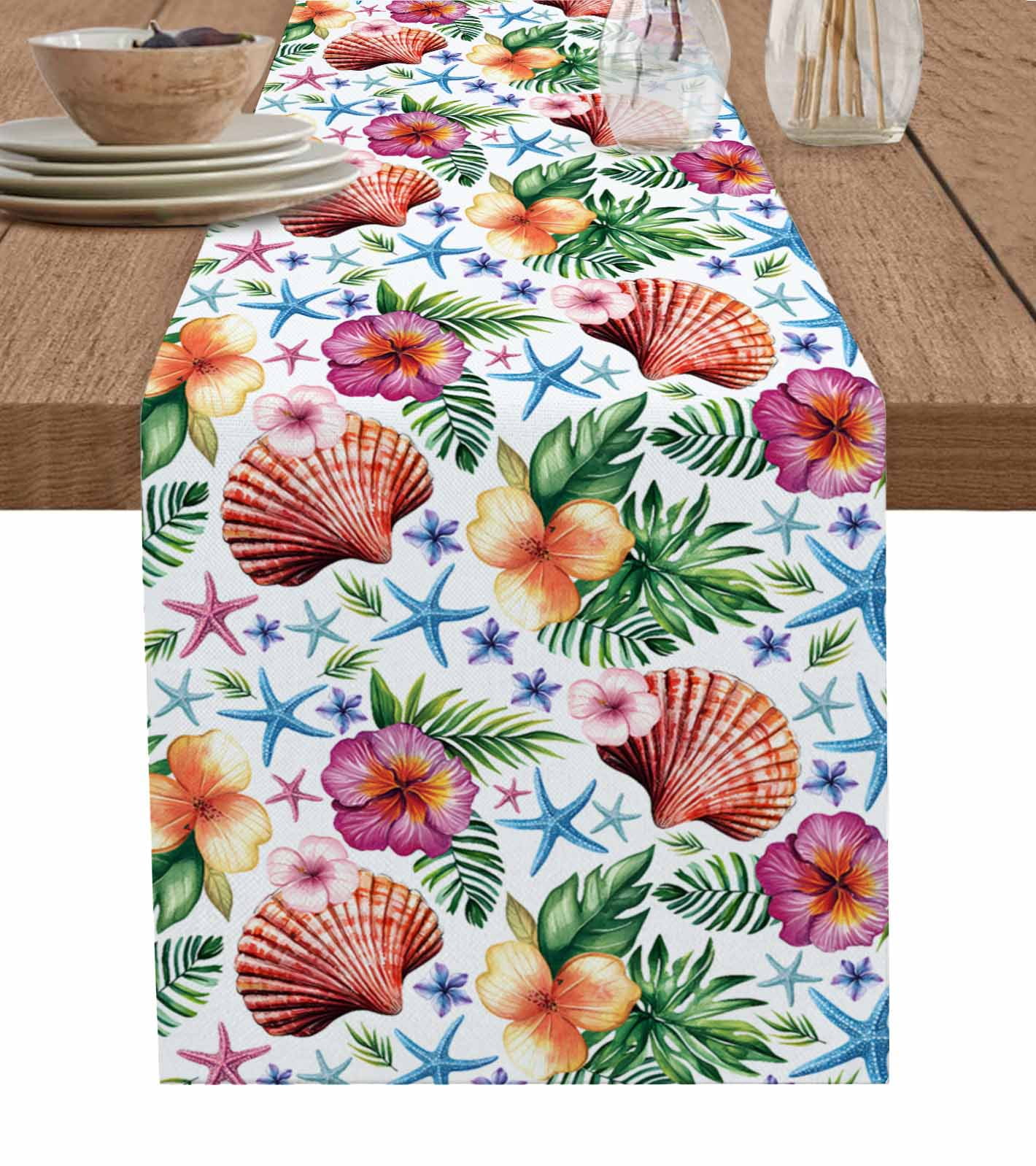 Coastal Palm Leaf Table Runner 72 Inches, Tropical Flowers Ocean Blue ...