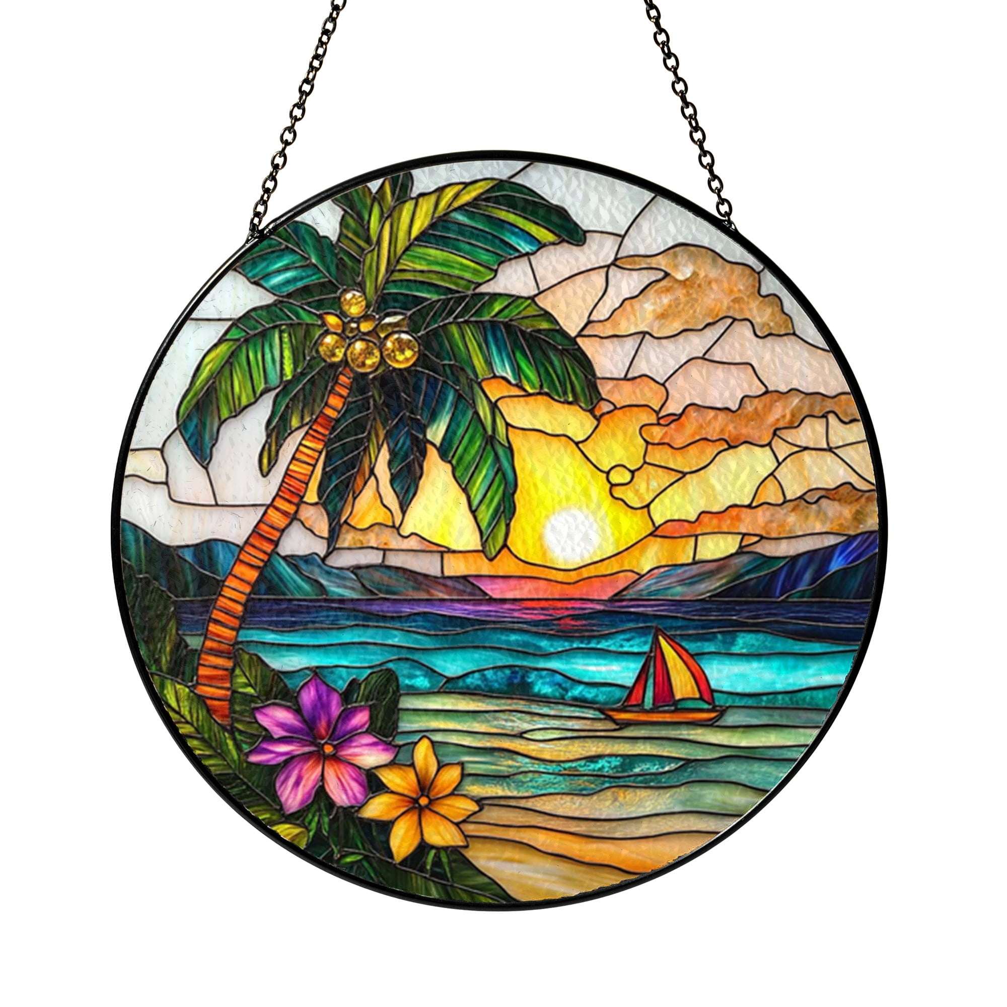Coastal Palm Tree Beach Stained Glass Suncatcher Window Hanging Art ...