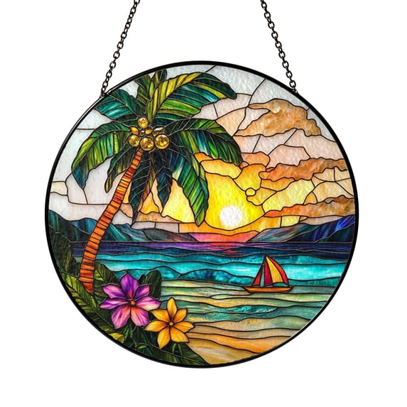 Coastal Palm Tree Beach Stained Glass Suncatcher Window Hanging Art ...