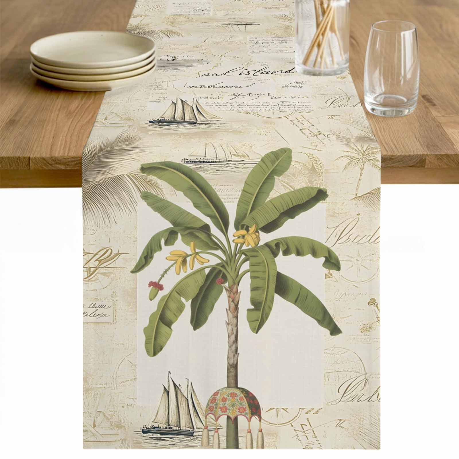 Coastal Palm Tree Cotton Linen Rectangle Table Runners 13"x90", Vintage ...