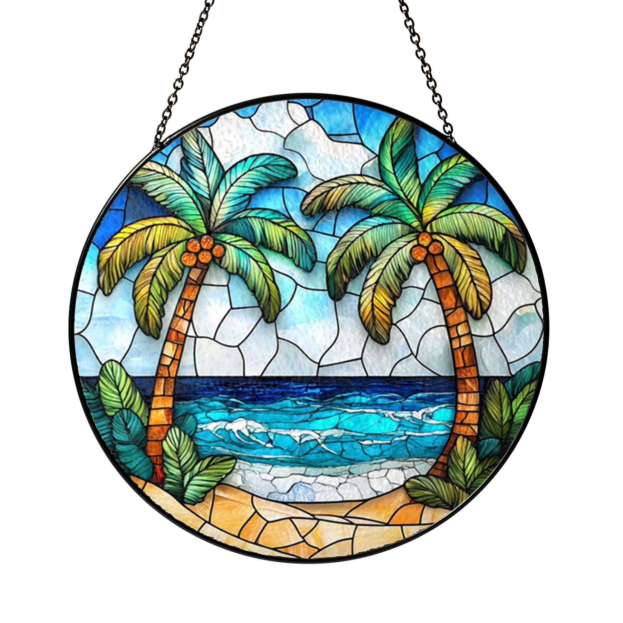 Coastal Palm Tree Ocean View Window Hanging – Stained Glass Style Art ...