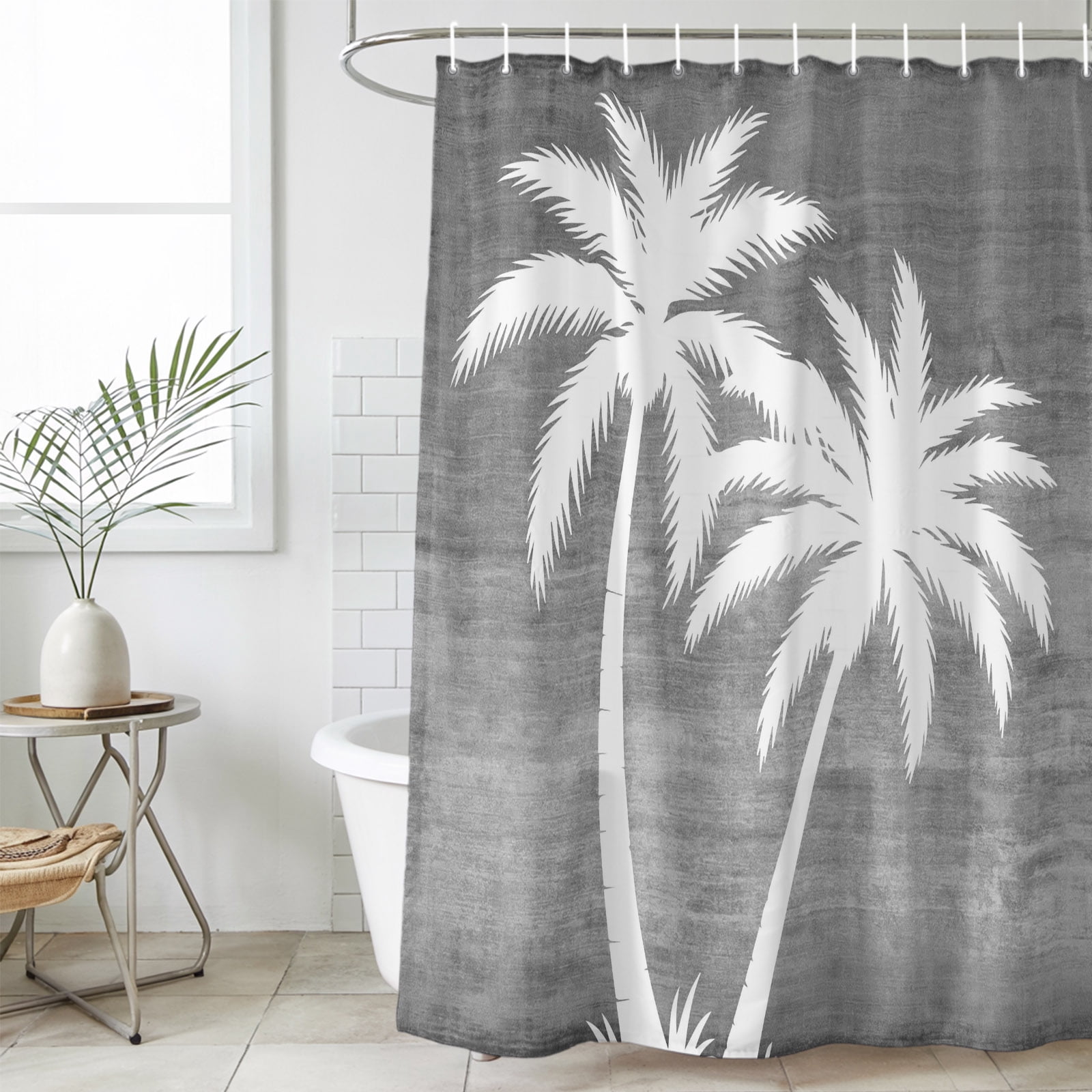 Coastal Palm Tree Retro Gray Shower Curtain Set, Waterproof Shower ...