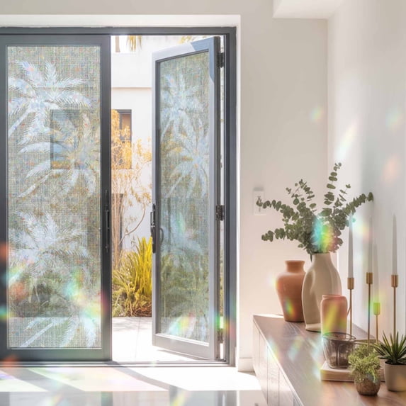 Coastal Palm Tree Retro Linen Window Privacy Film, Rainbow Film ...