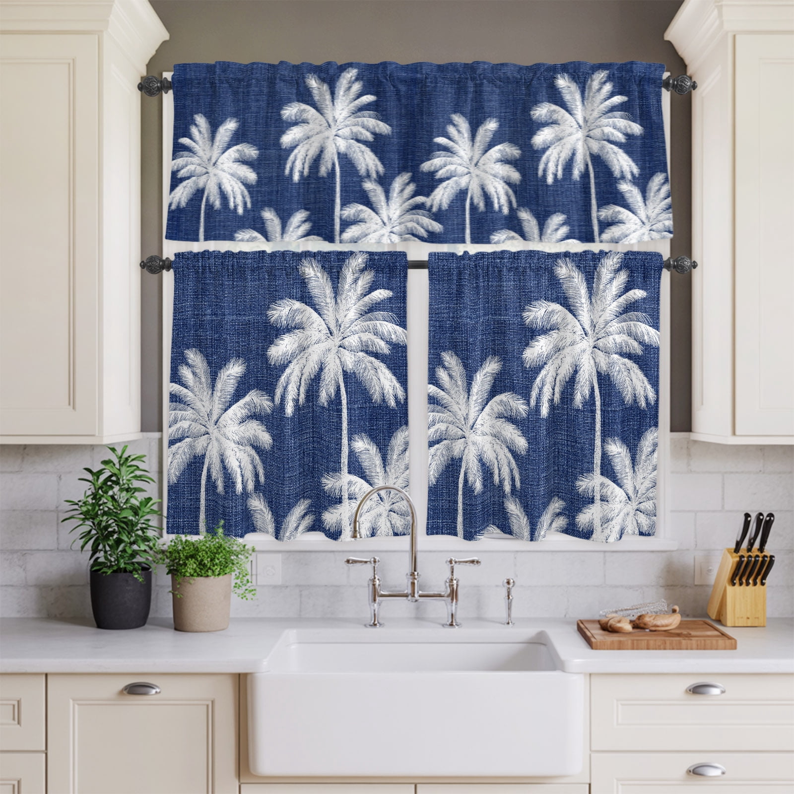 Coastal Palm Trees on Blue Curtain Tier and Valance Set 3 Piece ...