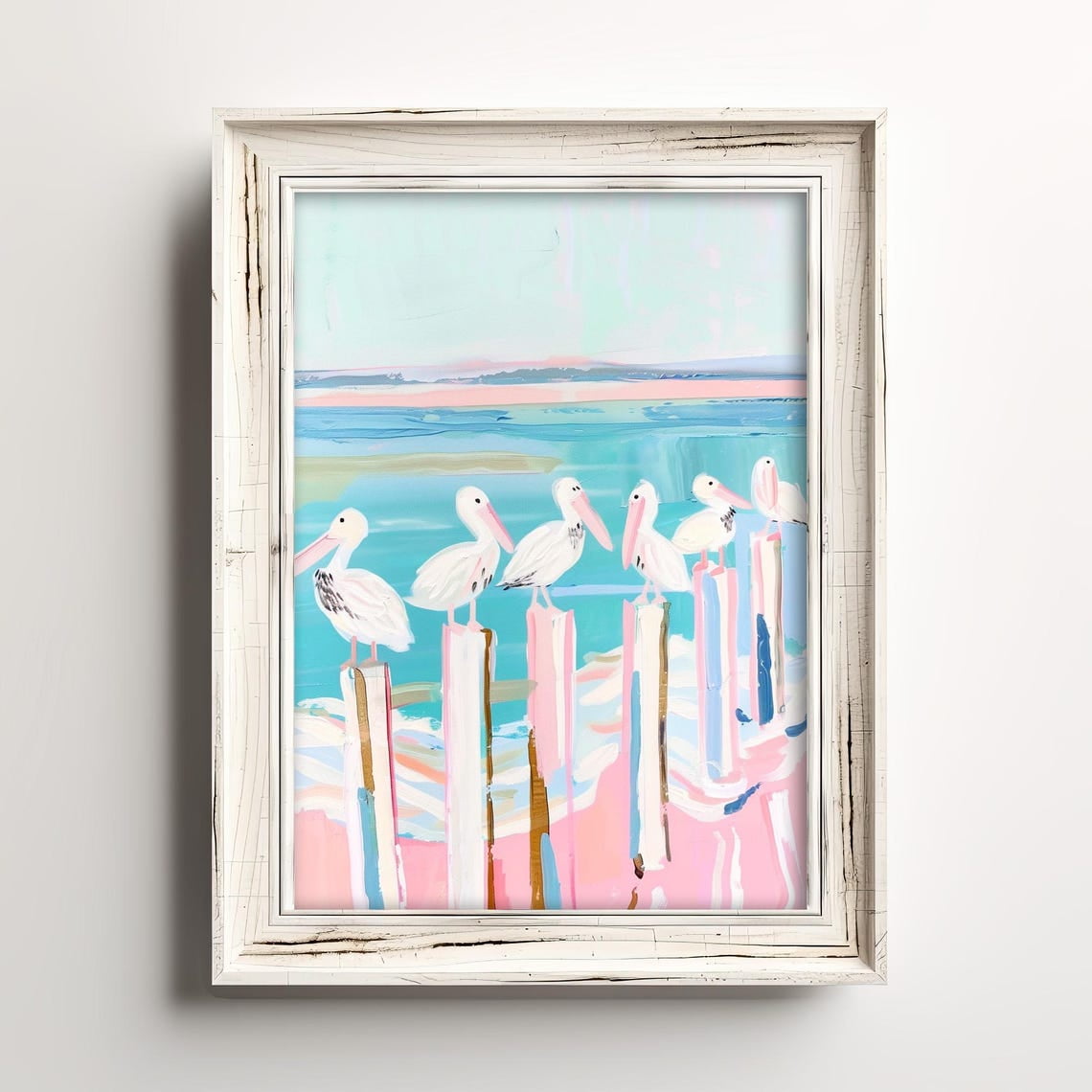Coastal Pastel Pelicans On Posts Pink Sea Life Colorful Seaside ...