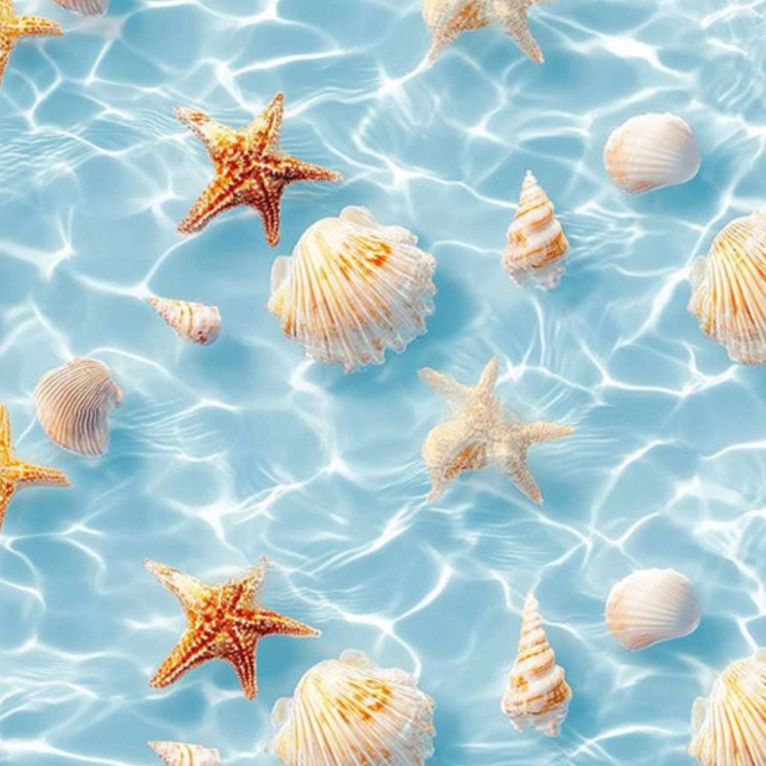 Coastal Peel and Stick Wallpaper Starfish Seashells Floating Clear Blue ...