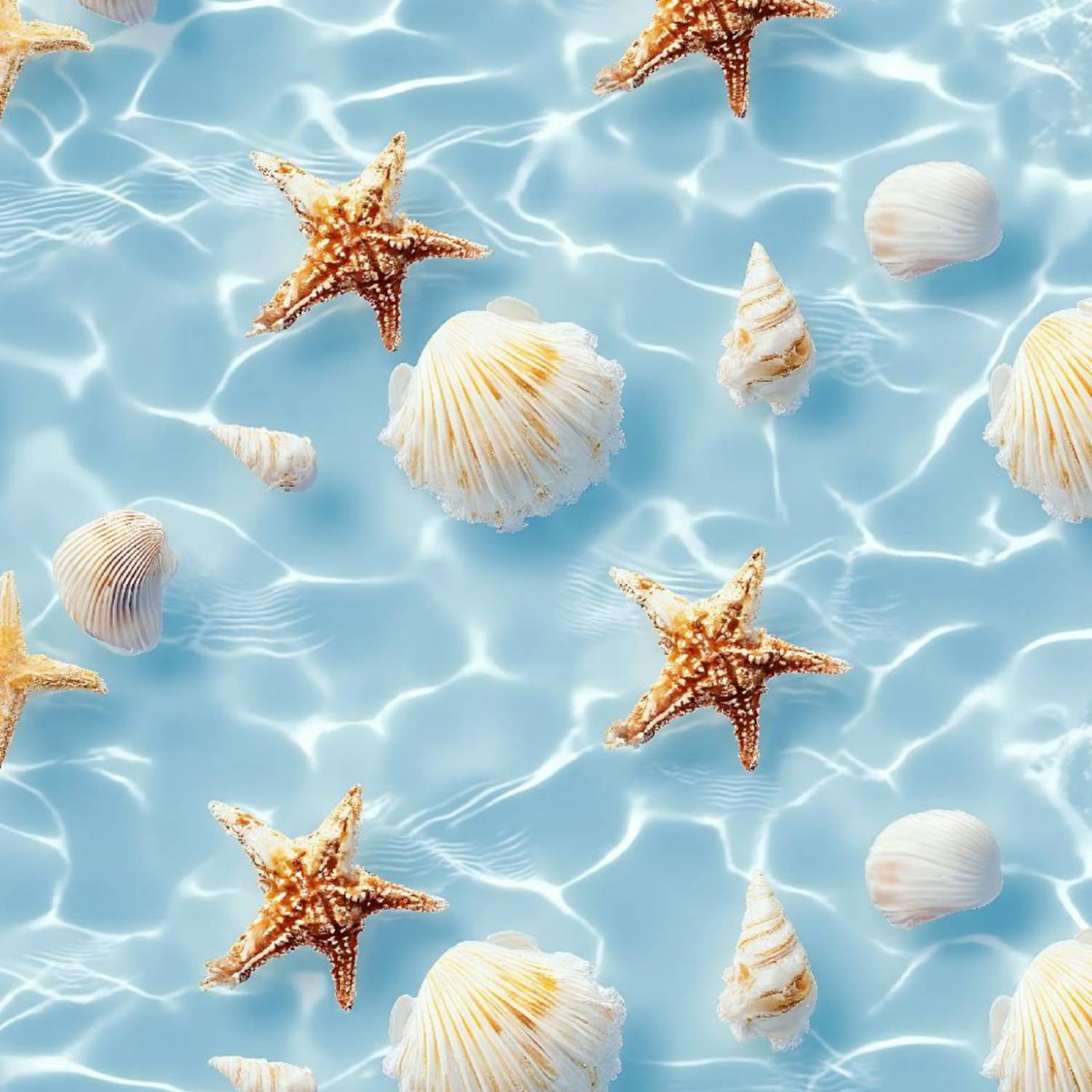 Coastal Peel and Stick Wallpaper Starfish Seashells Floating Clear Blue ...