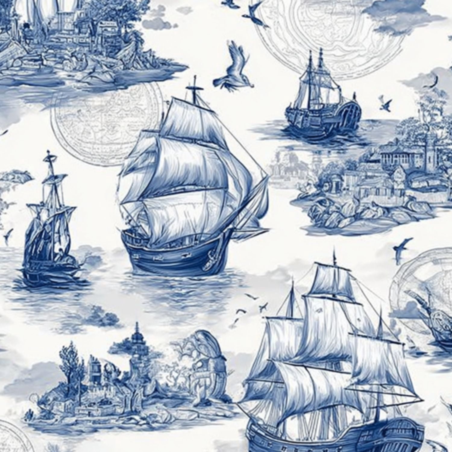 Coastal Peel and Stick Wallpaper Vintage Nautical Sailing Ships Coastal ...