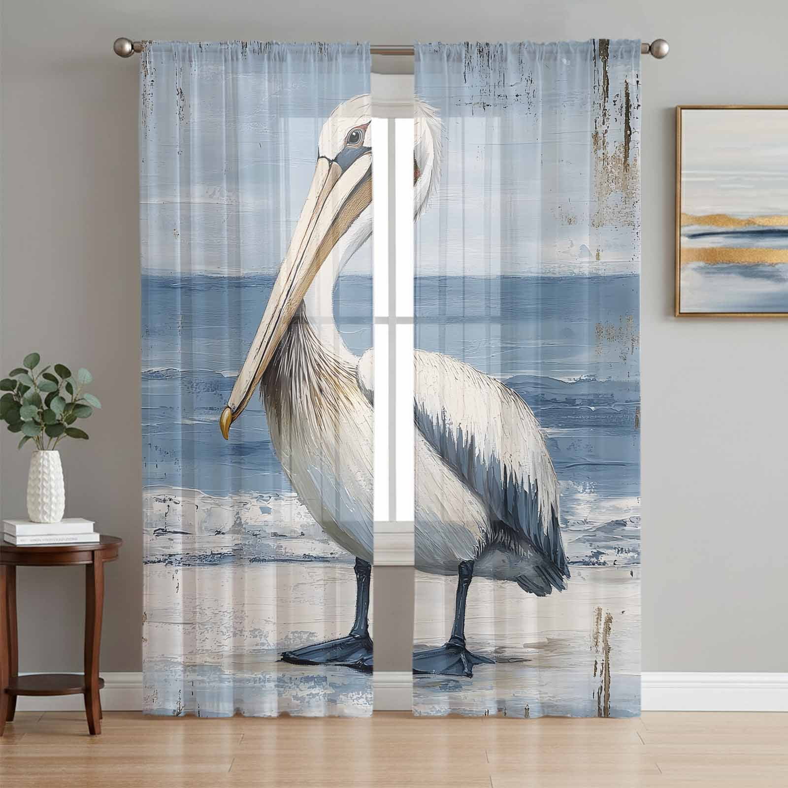 Coastal Pelican Semi Sheer Curtains 63 Inch Length 2 Panels Set ...