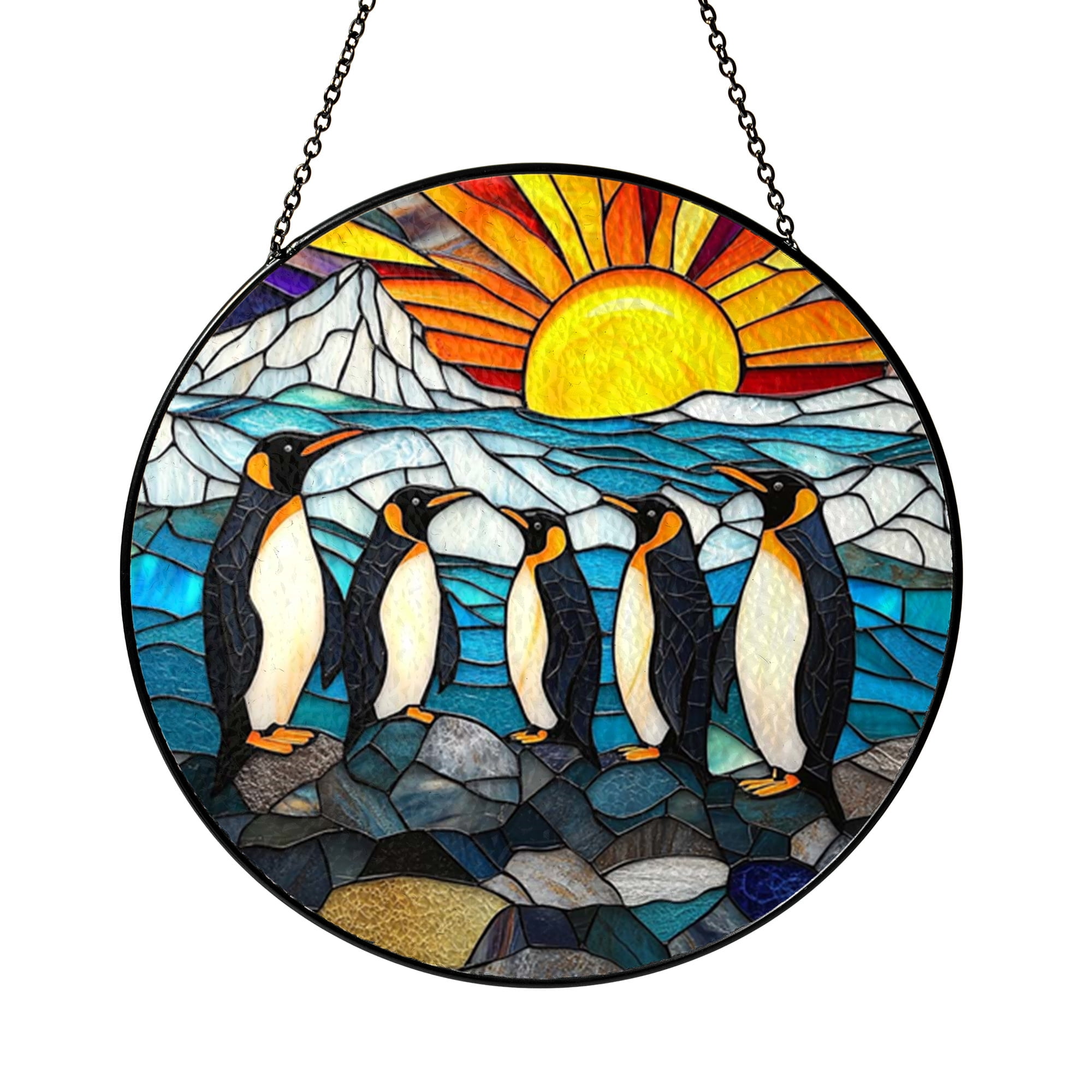 Coastal Penguin Scene Stained Glass Style Suncatcher, Decorative Window ...