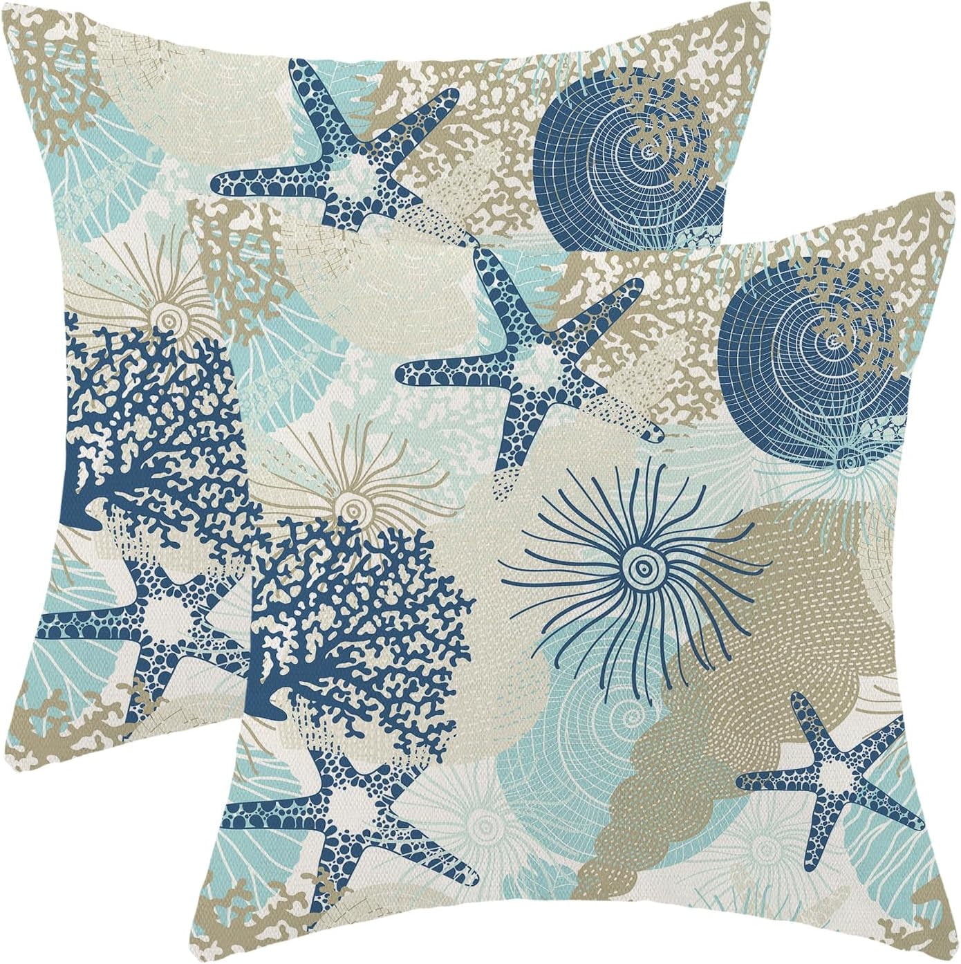 Coastal Pillow Covers 16x16 Inch Set of 2 Starfish Ocean Themed Beach ...