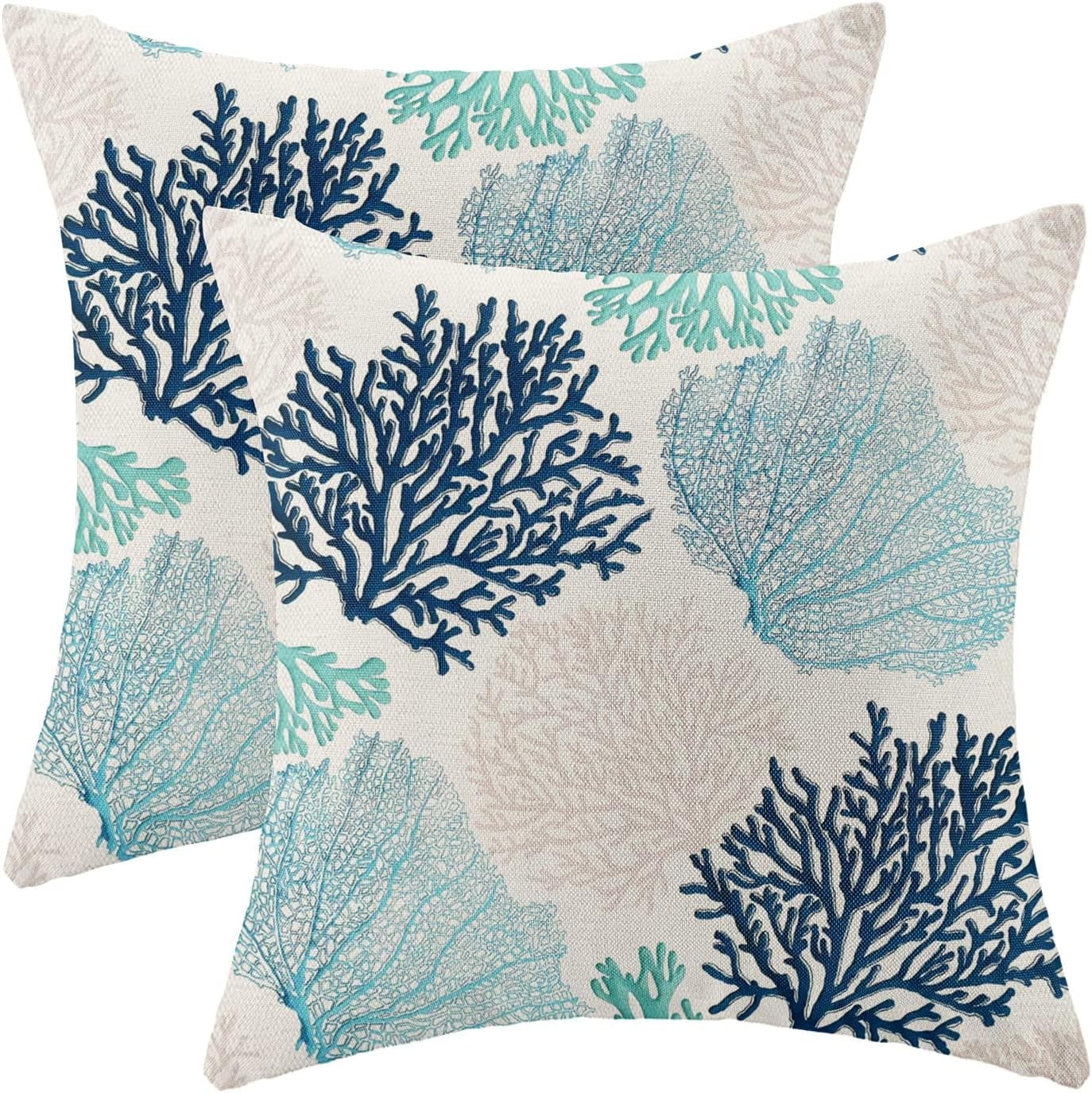 Coastal Pillow Covers 18x18 Inch Set of 2 Coral Branch Ocean Themed ...