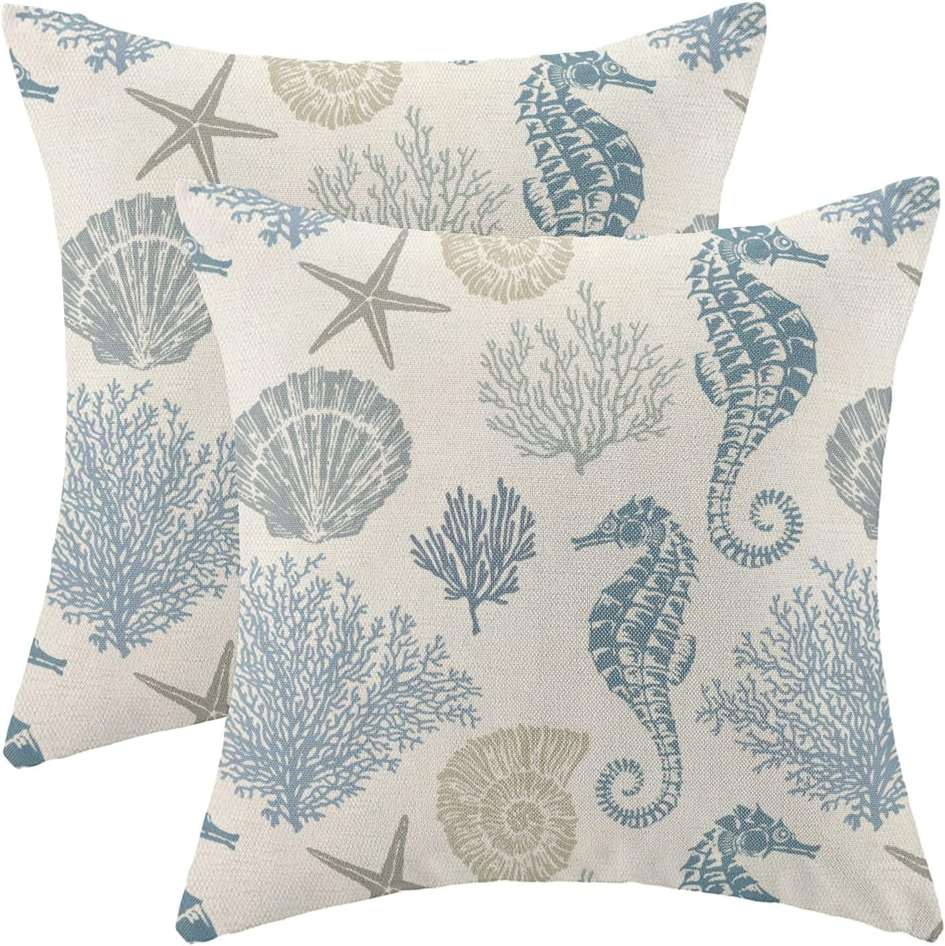 Coastal Pillow Covers 18x18 Inch Set of 2 Sea Horse Ocean Themed Beach ...