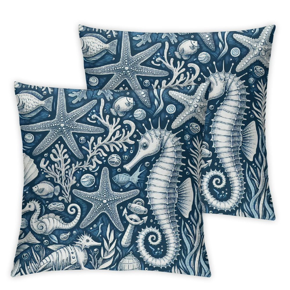 Coastal Pillow Covers 18x18 Set of 2, Blue Ocean Themed Beach Fish ...
