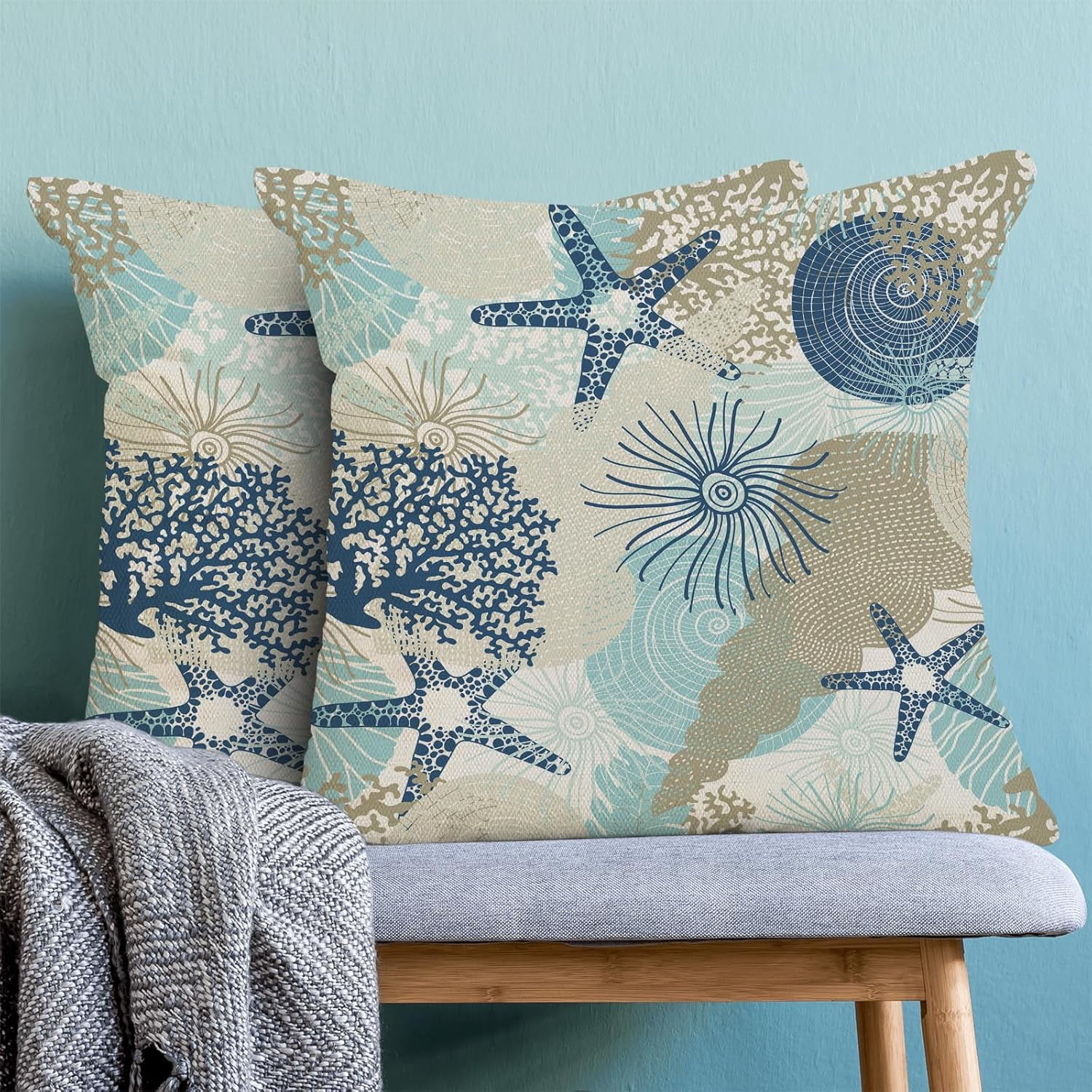 Coastal Pillow Covers 20x20 Inch Set of 2 Starfish Ocean Themed Beach ...