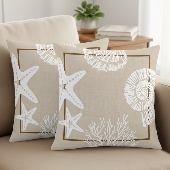 Coastal Pillow Covers Set of 2, Starfish Shell Coral Rustic Beige 16x16 ...